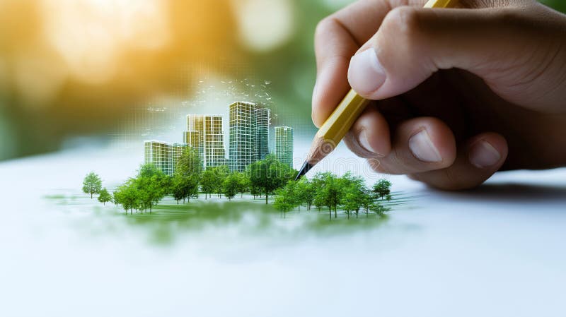 Person is Drawing Architectural Plan Featuring Modern Buildings and ...