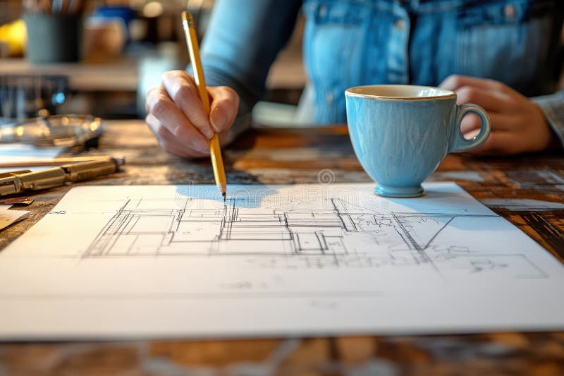 A Person Drawing Architectural Plans with a Pencil Stock Illustration ...