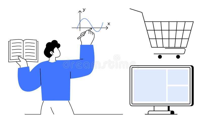 Person Drawing Graph, Shopping Cart, and Computer Display with Grid ...