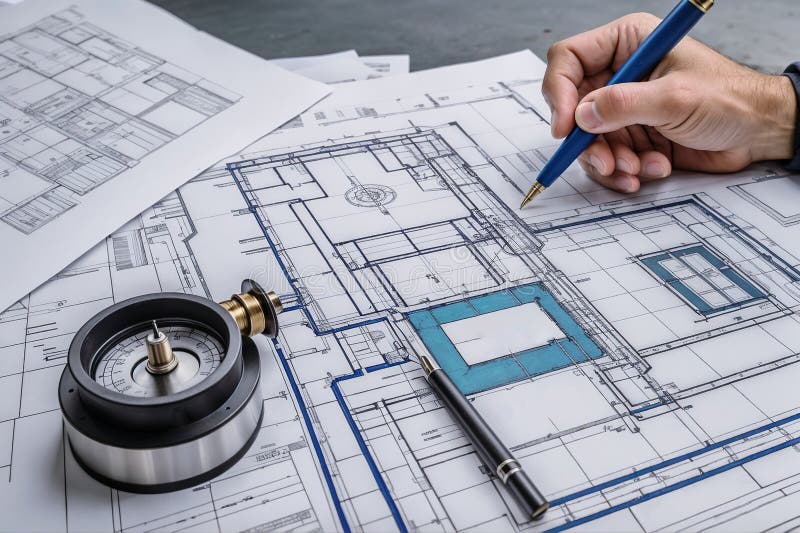 A Person is Drawing a House Plan with a Pen and a Blue Compass Stock ...