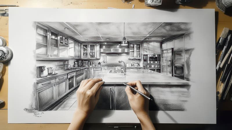 A Person Drawing a Kitchen in a Drawing Book Stock Illustration ...