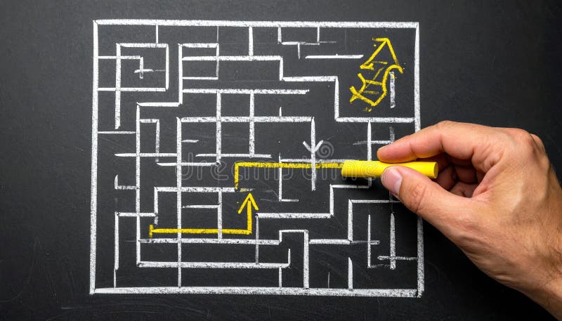 Person Drawing Solution Path through a Chalk Maze on Blackboard Representing Problem Solving ...