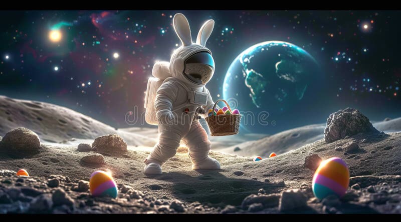 A Person Dressed As a Bunny Strolling on a Moon Adorned with Vibrant ...