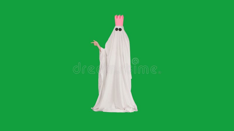 Halloween Ghost in White Sheet and Pink Crown Posing Pointing Hand ...