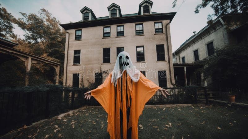 A Person Dressed As a Ghost Standing in Front of a House. AI Generative ...