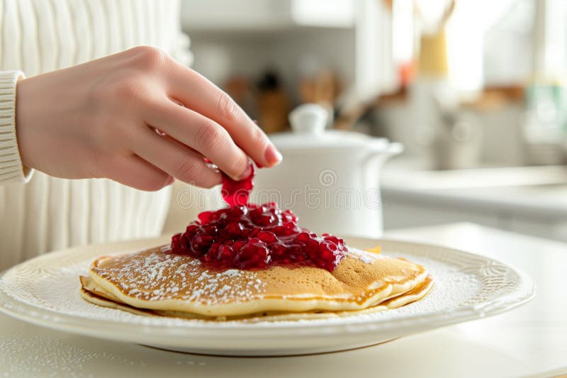 Person Dressing a Pancake with Fruity Compote in a Bright Kitchen Stock ...