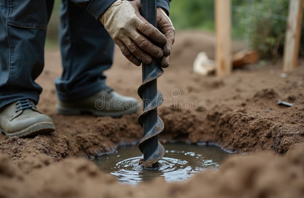 Person Drills Well Manually Using Drill Bit. Process of Digging, Boring ...