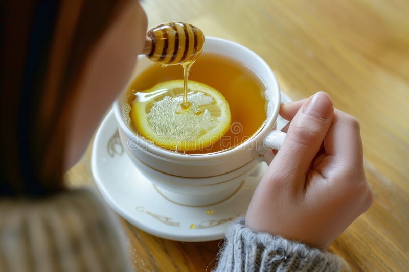 Person Drinking Warm Tea with Lemon and Honey Stock Illustration ...