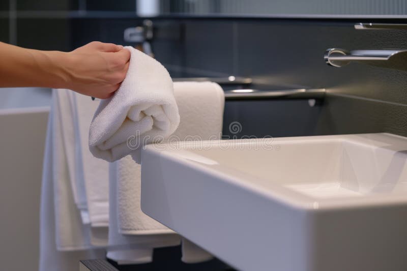 Person Drying Hands with Towel on Rail Next To Sink Stock Image - Image ...