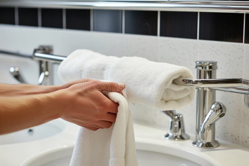 Person Drying Hands with Towel on Rail Next To Sink Stock Image - Image ...