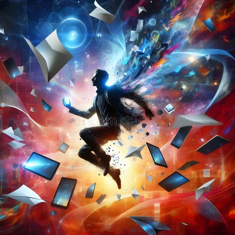 A Person in a Dynamic Pose, Surrounded by Flying Papers and Digital ...