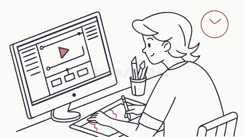 Person Editing Video on Computer with Media Player Interface, Vector ...