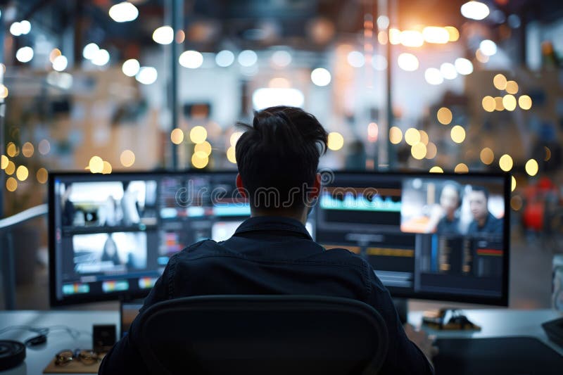 Person Edits Video on Computer at Desk with Keyboard Mouse Cup. Busy ...