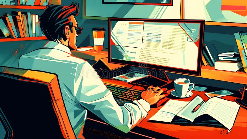 Person Efficiently Works on Computer, Analyzing Data and Notes ...