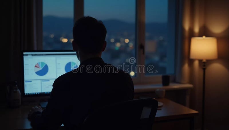 Man Working Late at Night on a Computer, Analyzing Data and Charts in a ...