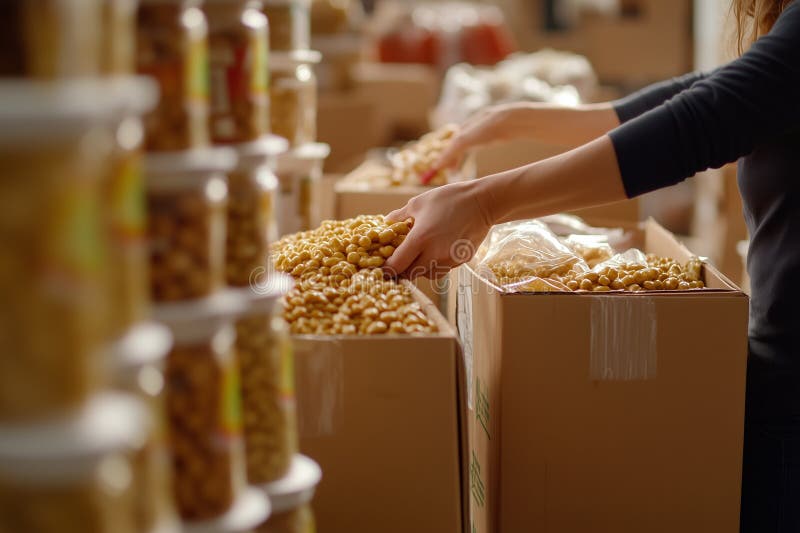 Person Sorting Bulk Nuts and Snacks in a Food Distribution Warehouse ...