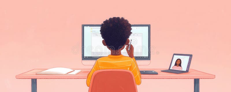 Person Engaged in Virtual Learning Setup with Dual Screens and Tablet ...