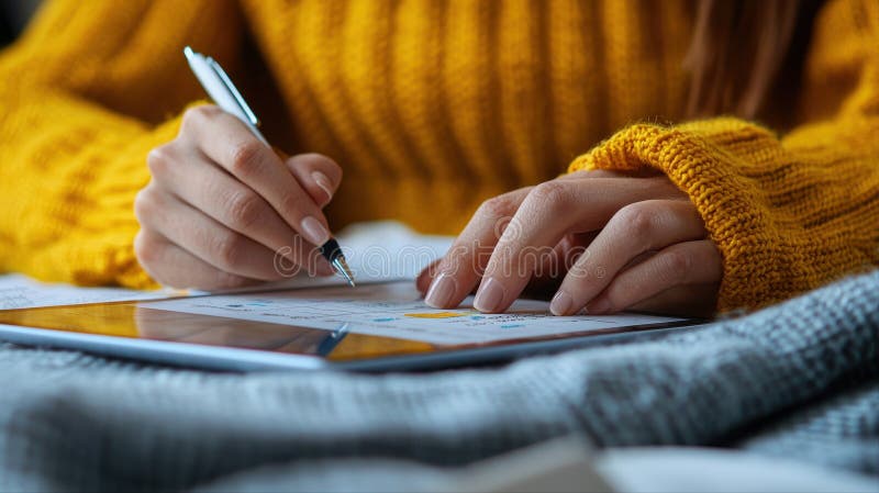Person Engaged in Writing on Modern Tablet Device with Focused ...