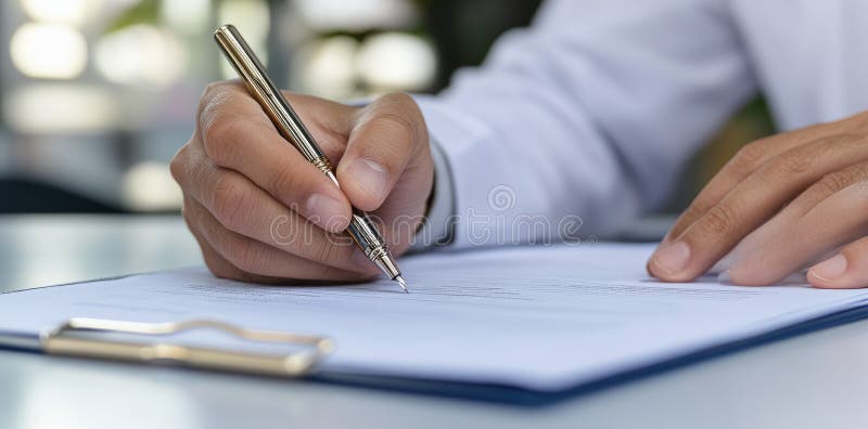 A Person is Engaged in Writing on a Sheet of Paper with a Pen while ...