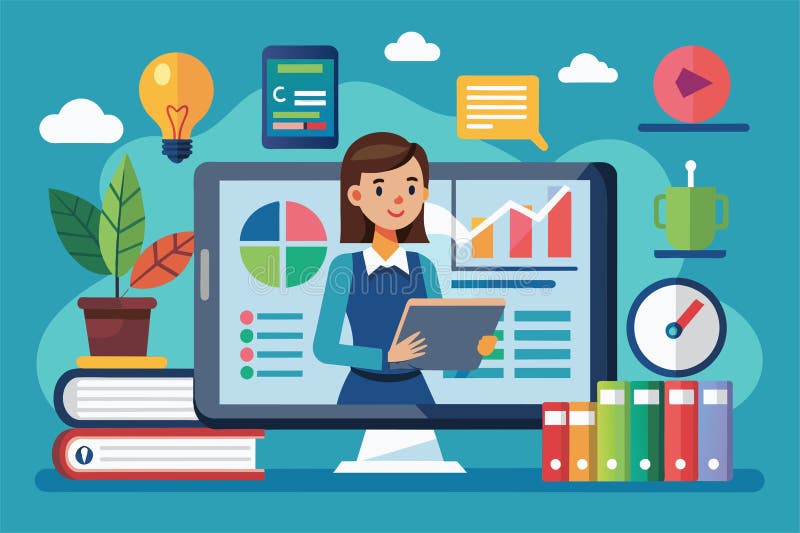 A Person Engages in Business Training Using a Tablet while Data Charts ...