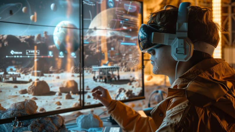 Young Explorer in a Virtual Reality Mars Simulation Stock Illustration ...
