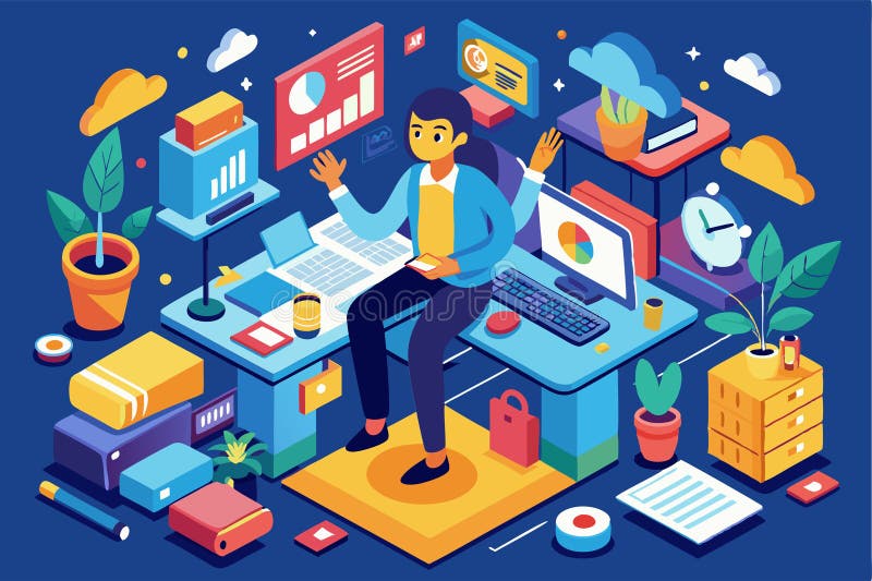 A Person Engages in Multitasking at a Vibrant Workspace Surrounded by ...