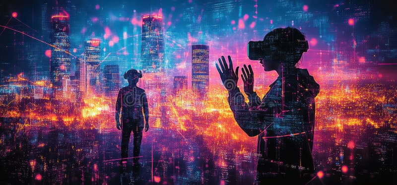 A Person Engages with Virtual Reality in a Vibrant Digital Cityscape ...