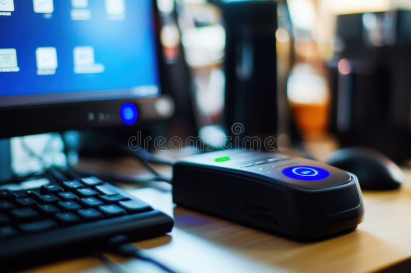 Working on a Desktop Setup with a Computer, Keyboard, and Advanced ...