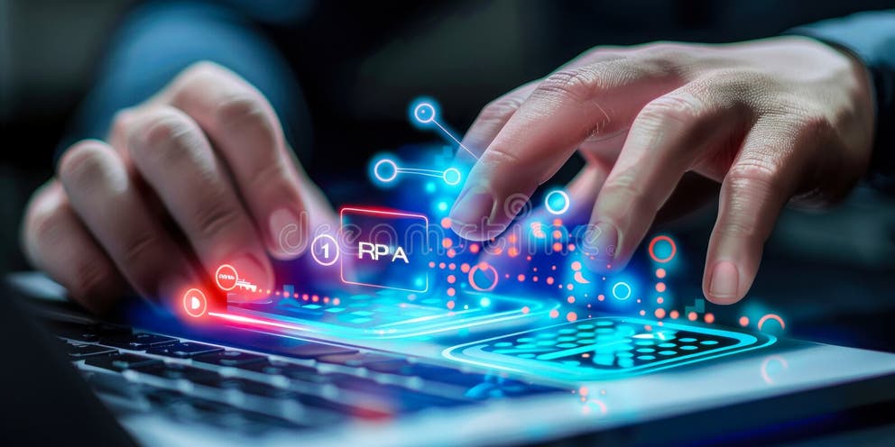 Person Engaging with Laptop and Virtual Interface for Robotic Process ...