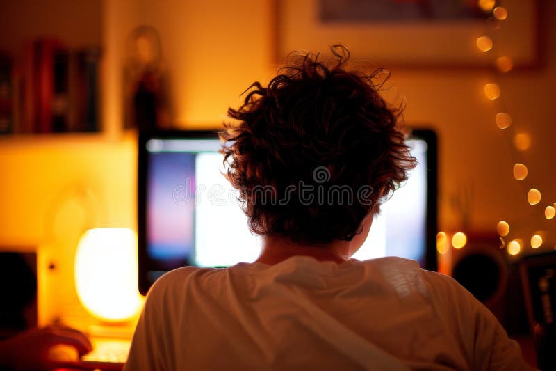 Person Working on Computer in Cozy Ambient Lighting Stock Image - Image ...