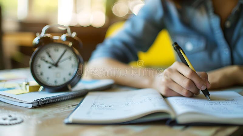Focused Student Studying for Exams with Notebooks and Alarm Clock on ...