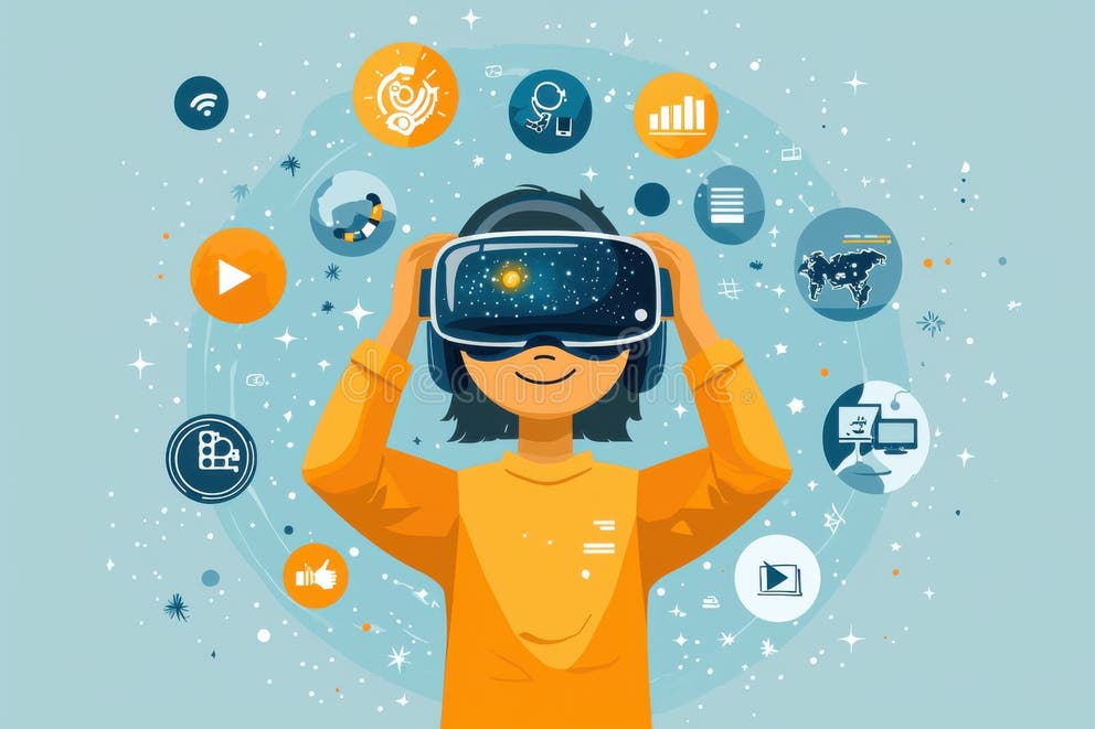 Person Enjoying Virtual Reality with Interactive Digital Icons in ...