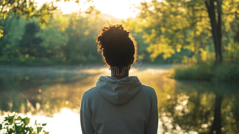 A Person Enjoys Peaceful Moment by the Lake, Surrounded by Lush Trees ... A Person Enjoys Peaceful Moment by the Lake, Surrounded by Lush Trees ...