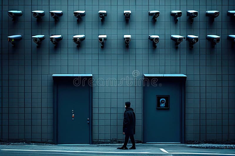 Person, Entering Secure Building and Being Recorded by Security Cameras ...