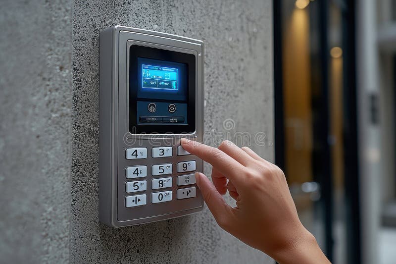 Person Entering Security Code on a Modern Electronic Keypad at an ...