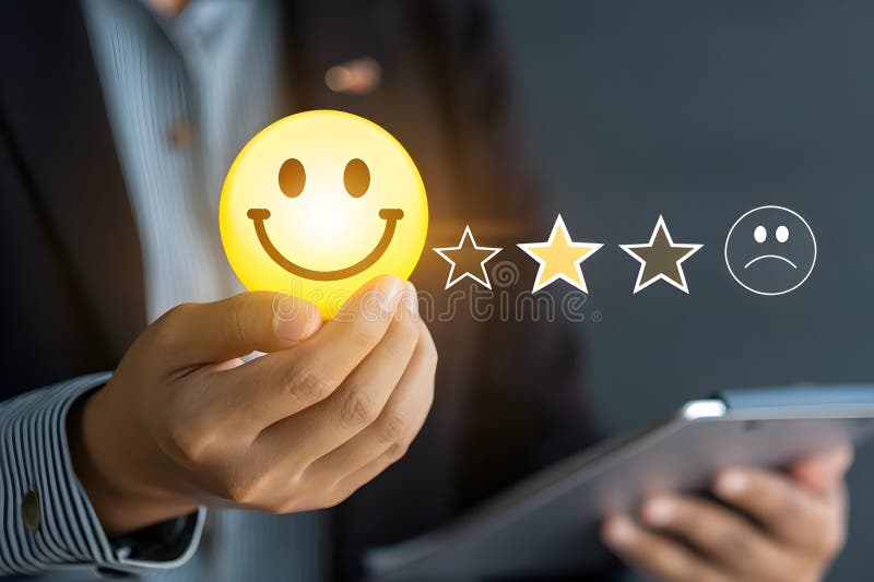 Person Displaying Customer Satisfaction with Happy Smiley Face and Star ...