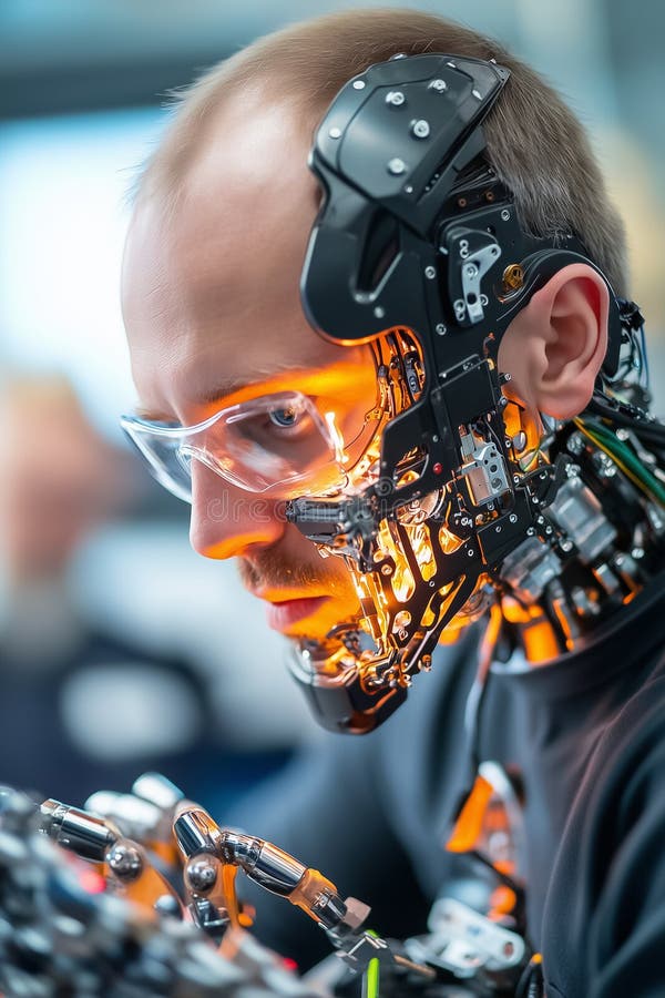 A Person Equipped with a Robotic Face Examines Complex Machinery in a ...