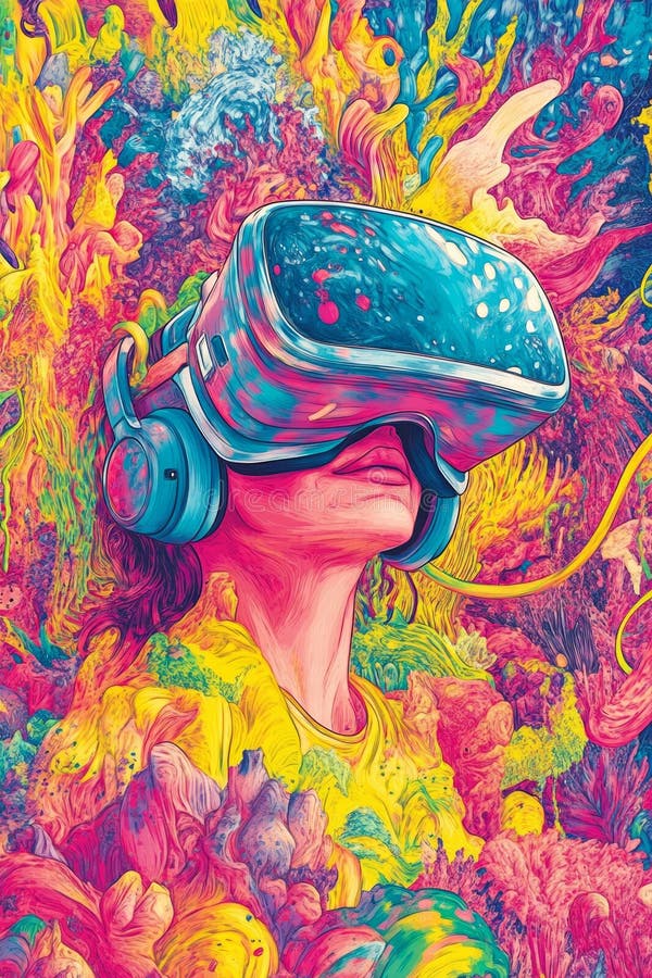 A Person Equipped with a Virtual Reality Headset Explores a Vibrant ...