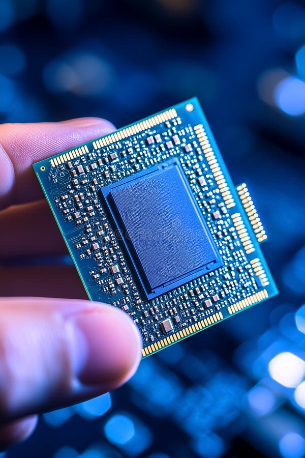 A Person Examines a Computer Processor Chip Under Artificial Lighting ...