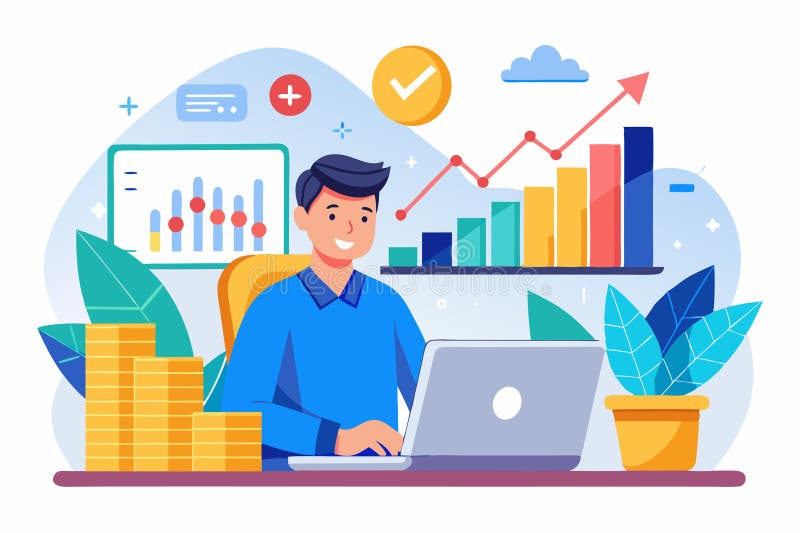 A Person Examines Data on Savings Growth Using a Laptop, Surrounded by Charts and Graphs ...
