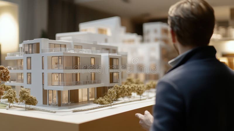 A Person Examines a Detailed Architectural Model of Modern Buildings in ...