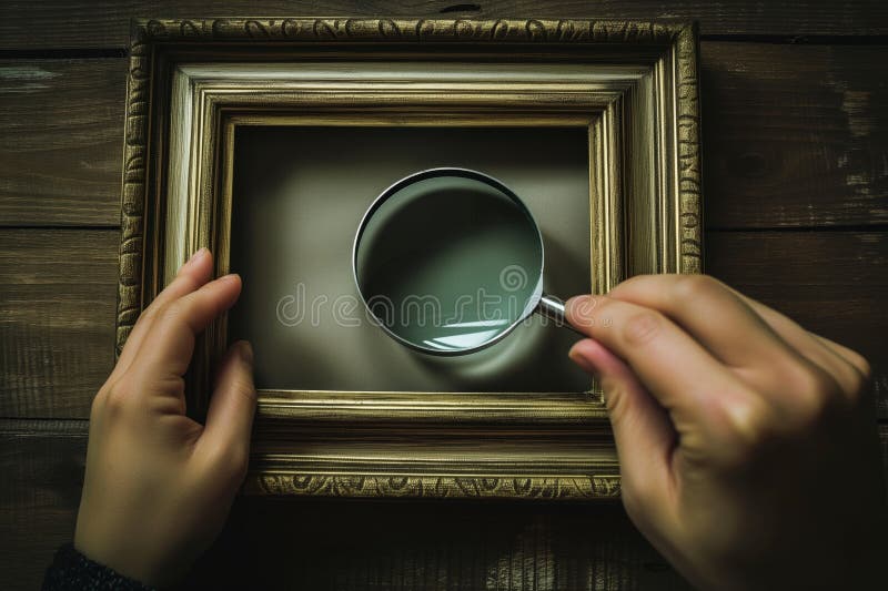 Person Examining an Empty Frame with a Magnifying Glass Stock Image ...