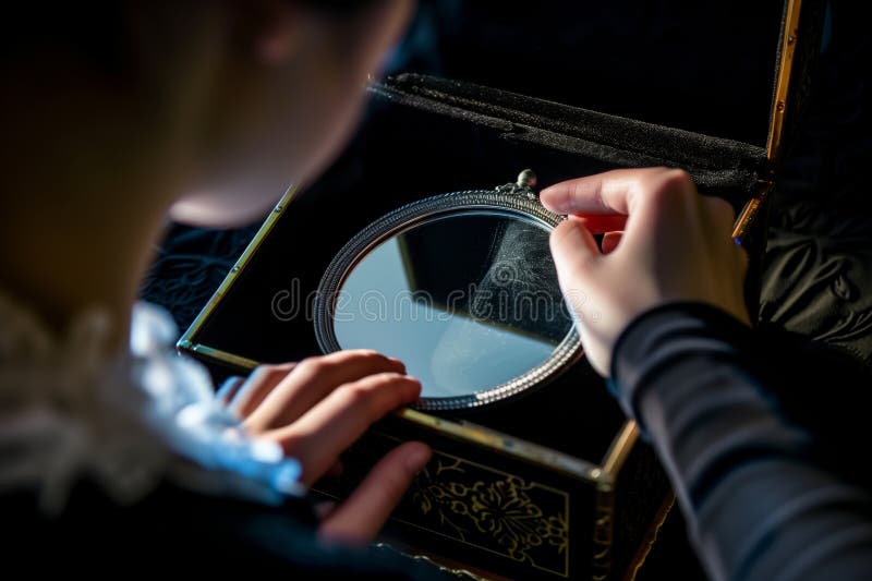 Person Examining a Mirror Inside a Magic Trick Box Stock Illustration ...