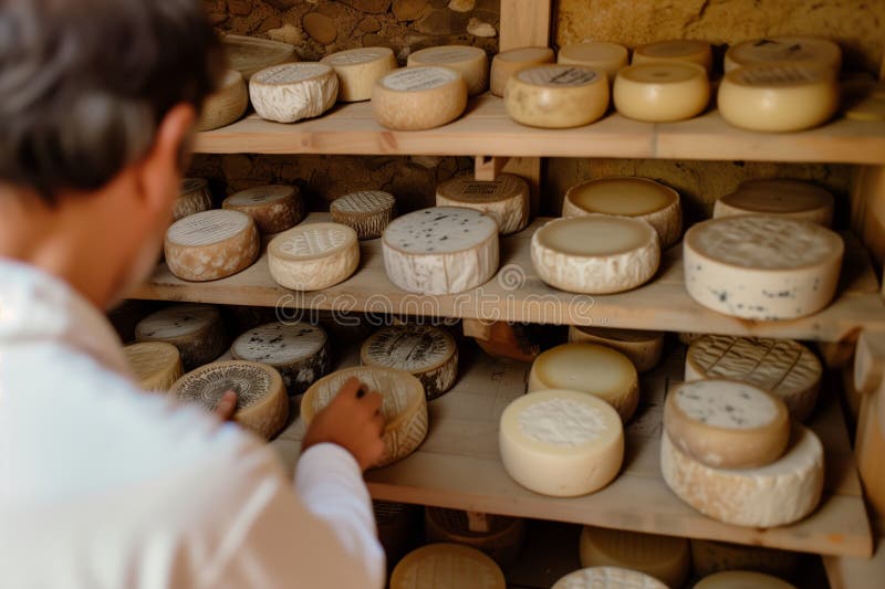 Person Examining Wheels of Cheese in Aging Cellar Stock Photo - Image ...