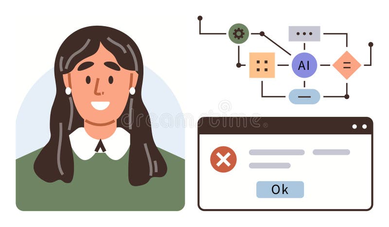 Person Excited about AI Problem Solving with Algorithm Workflow and Error Handling Window Stock ...