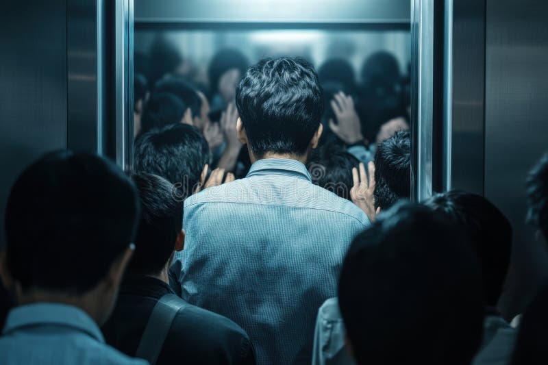 Person Experiencing Panic in a Crowded Elevator As Doors Close, Evoking ...