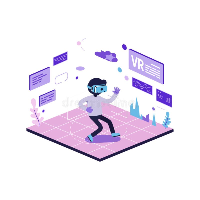A Person Experiencing Virtual Reality in a Flat Design Style, Engaged ...