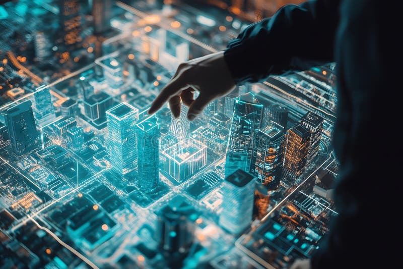 Person Exploring an Augmented Reality City Map, Digital Information ...