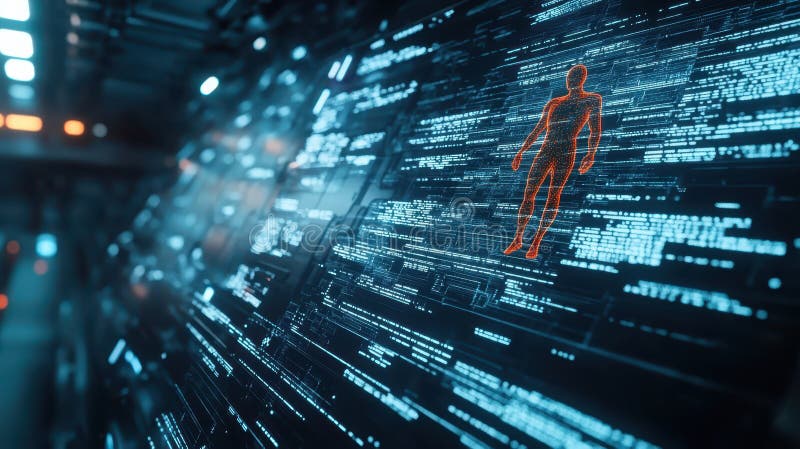 Person Exploring Binary Code On Large Screen Visual Representation Of