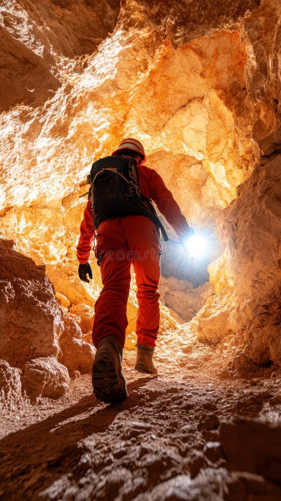Person Exploring Cave with Flashlight, Wearing Helmet and Backpack ...